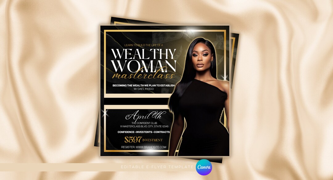 Wealthy Woman Masterclass Flyer | Black and Gold Canva Template - Etsy