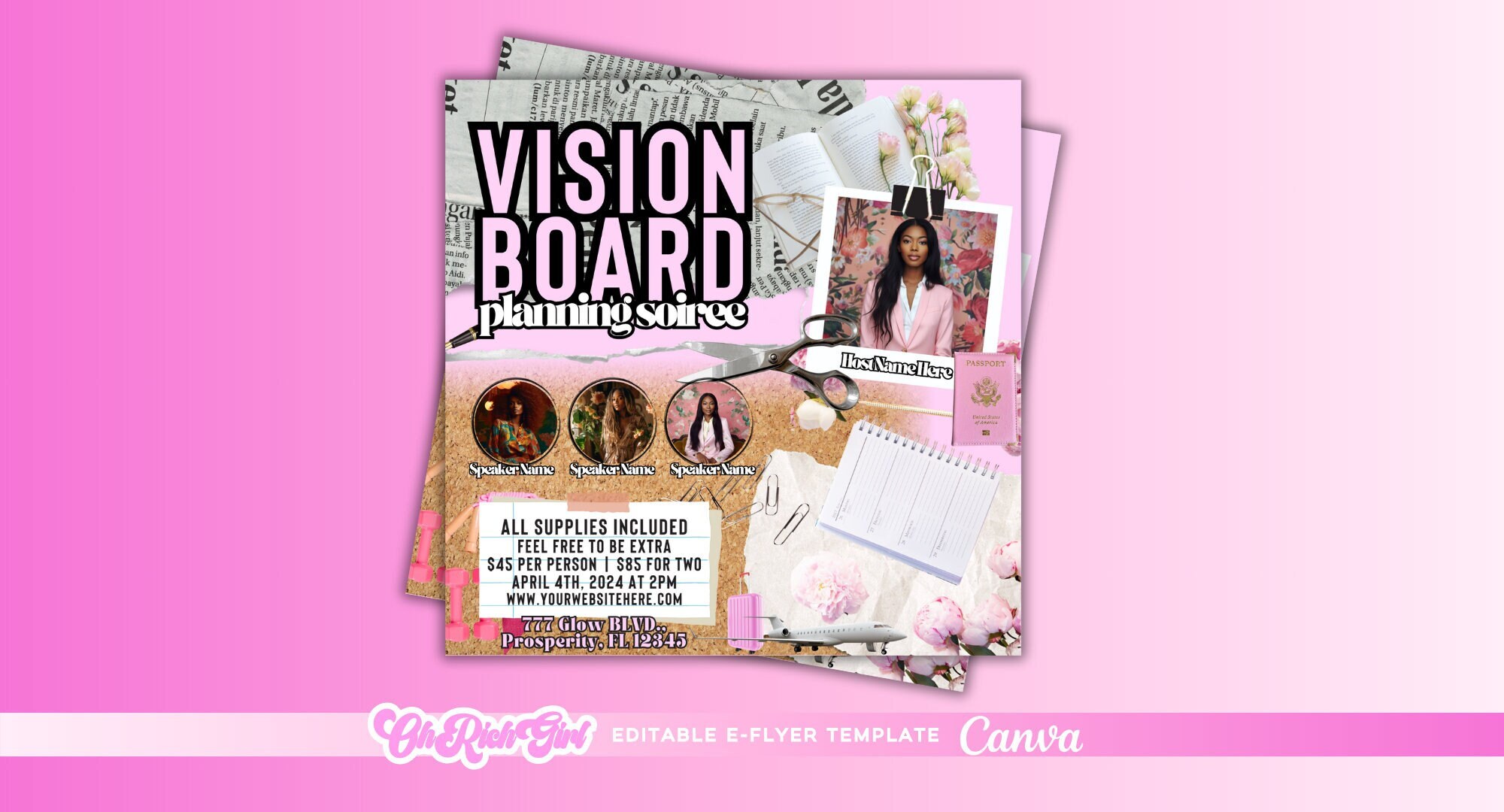Women's Vision Board Party Flyer | Pink Scrapbook Canva Template - Etsy