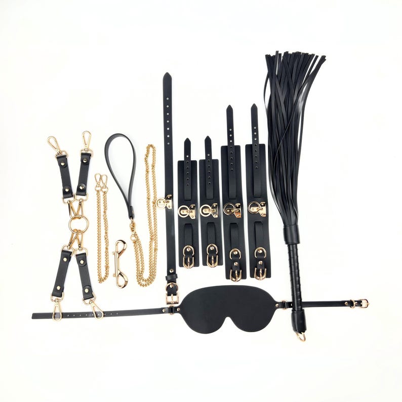 Genuine Leather Bondage Set, Restraint Kit With Flogger, Cuffs, Choker ...