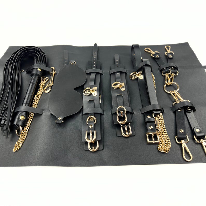 Leather Bondage Restraint Set, Flogger, Cuffs, Blindfold, Storage Mat ...