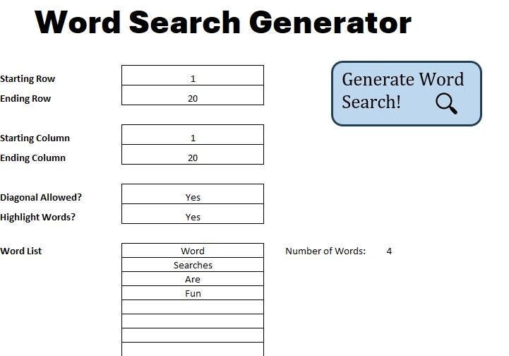 Excel Word Search Generator, Word Search, Microsoft Excel Macro Enabled ...