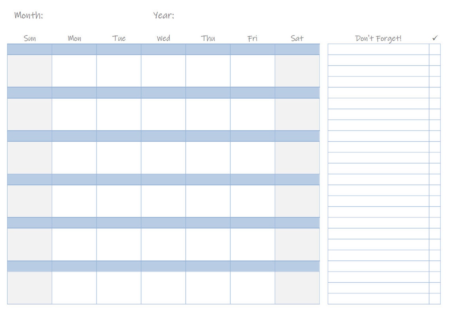 Calendar Template, Blank Calendar, PDF, Digital, Empty Calendar, Simple ...