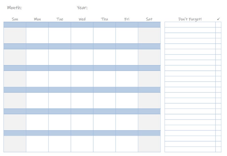 Calendar Template, Blank Calendar, PDF, Digital, Empty Calendar, Simple ...