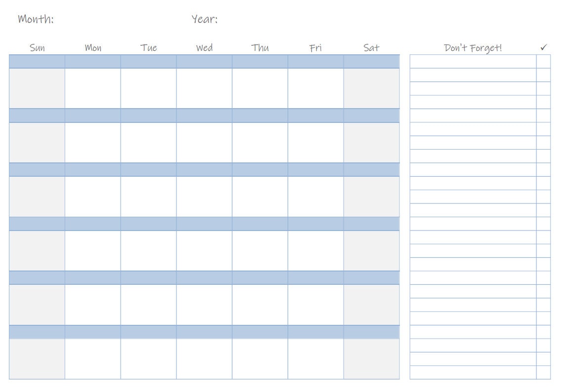 Calendar Template, Blank Calendar, PDF, Digital, Empty Calendar, Simple ...
