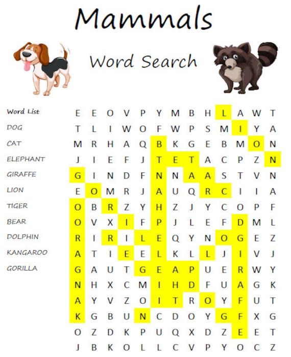 Mammal Word Search Monster Word Search