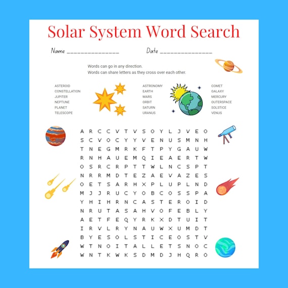Planets Word Search Printable