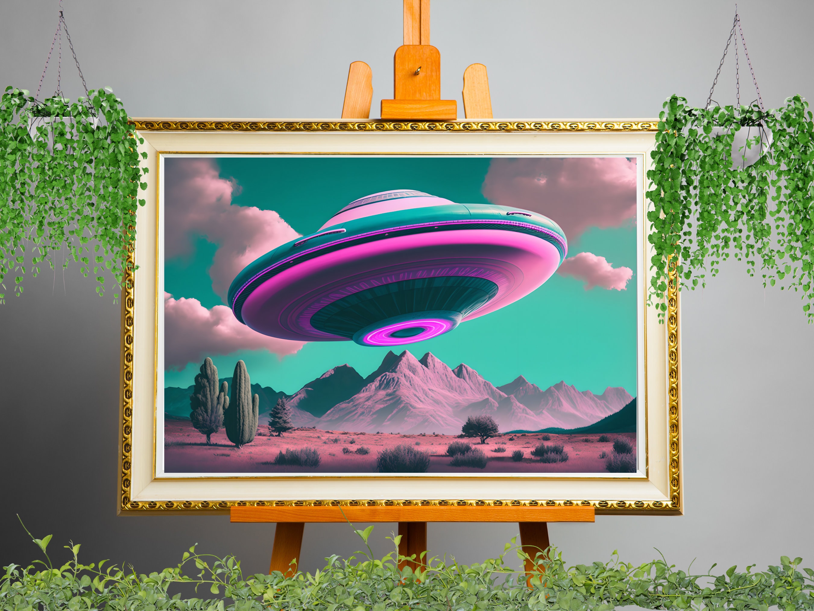 Retro Vaporwave Flying Saucer Print, Desert Landscape (digital Download ...