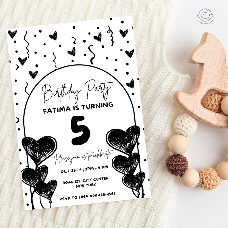 Minimalist Black and White Heart Birthday Invitation Card - Elegant ...
