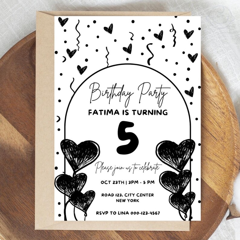 Minimalist Black and White Heart Birthday Invitation Card - Elegant ...