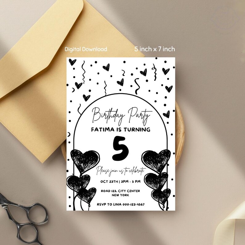 Minimalist Black and White Heart Birthday Invitation Card - Elegant ...