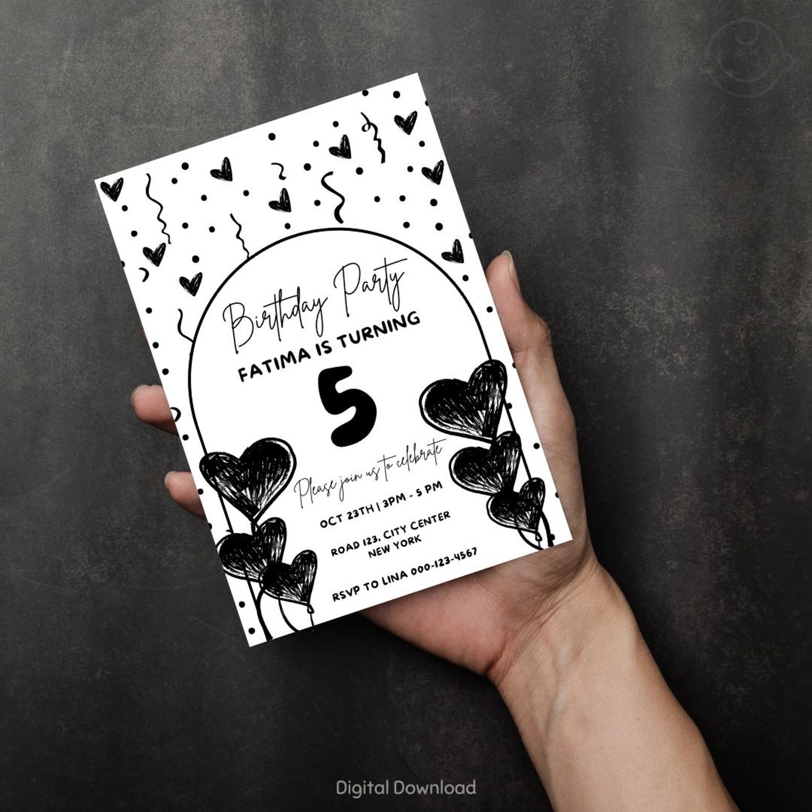 Minimalist Black and White Heart Birthday Invitation Card - Elegant ...