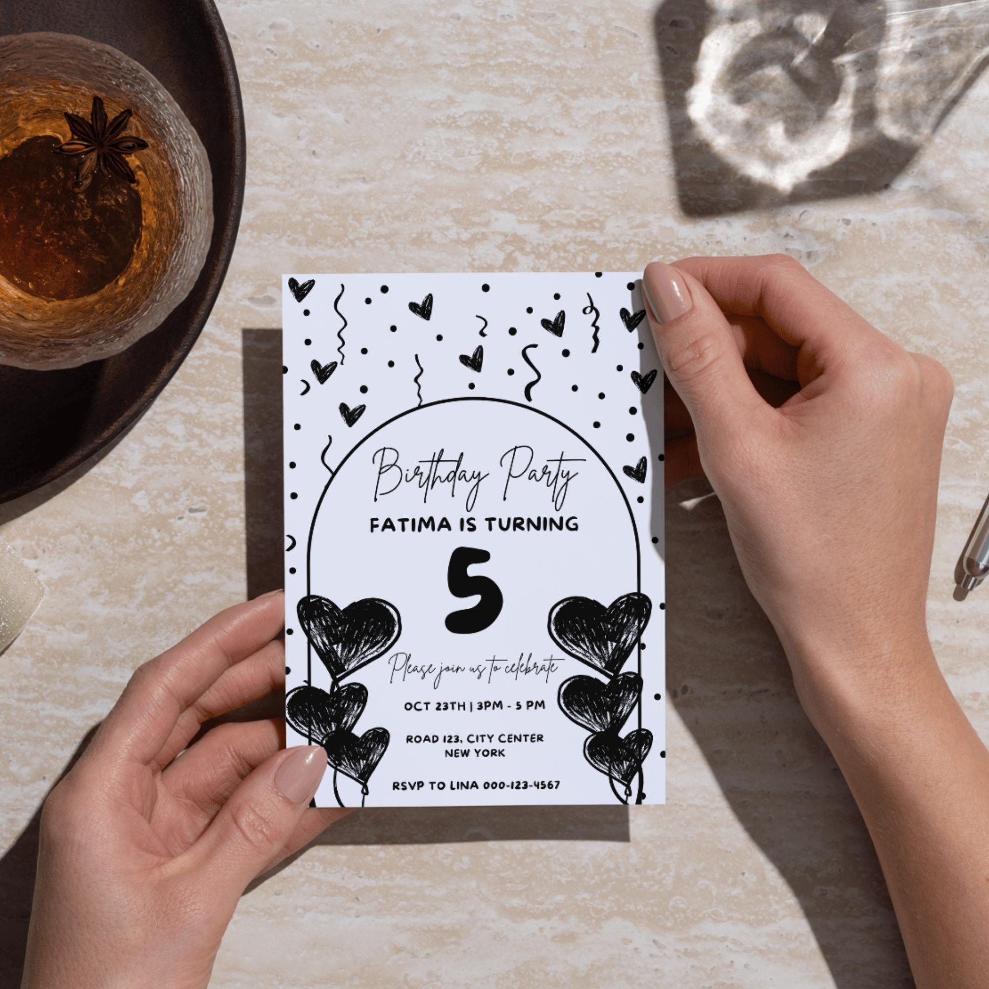 Minimalist Black and White Heart Birthday Invitation Card - Elegant ...