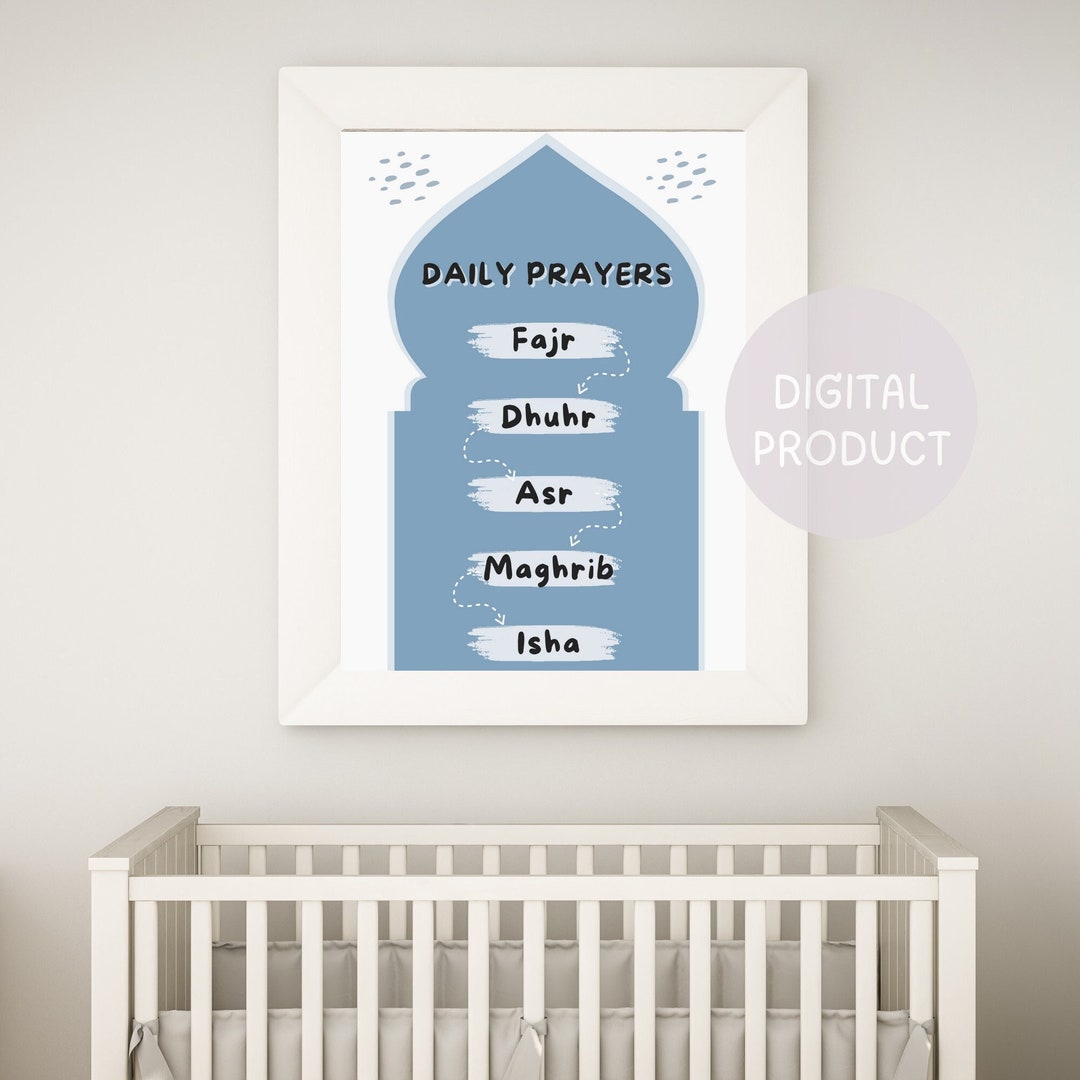 Blue Nursery Wall Art, Five Daily Prayers Kids Wall Art, Simple Wall ...