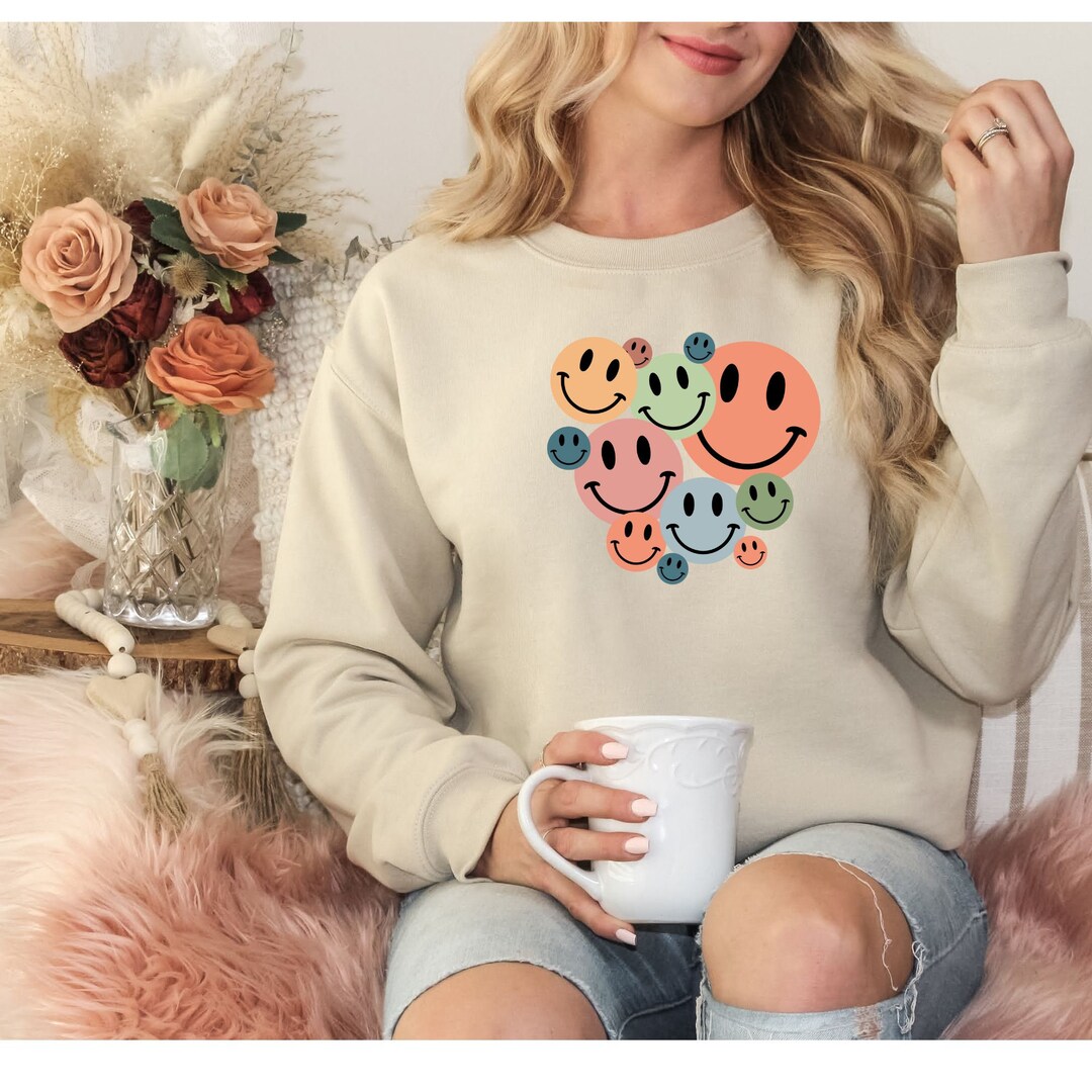 Smiley Sweatshirt, Retro Smiley Face Grunge Sweatshirt, Smiley Faces ...