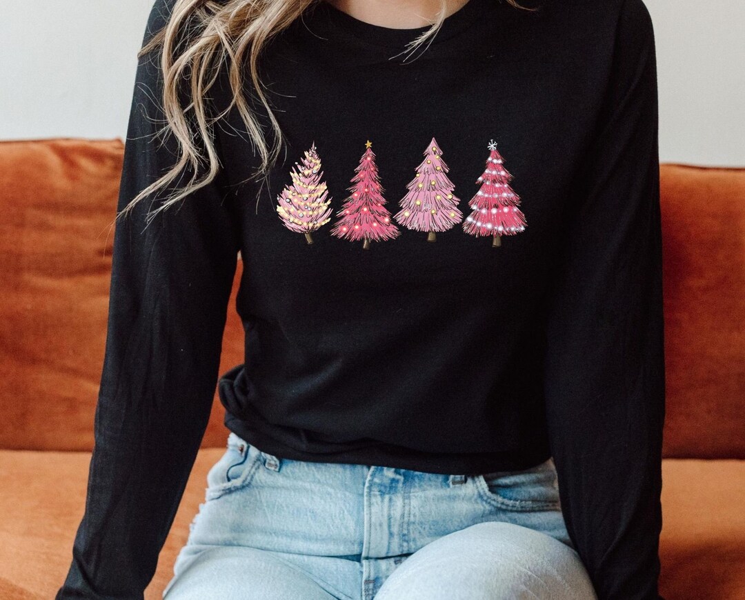 Pink Christmas Trees Long Sleeve Tee, Christmas Tree Shirt, Womens ...