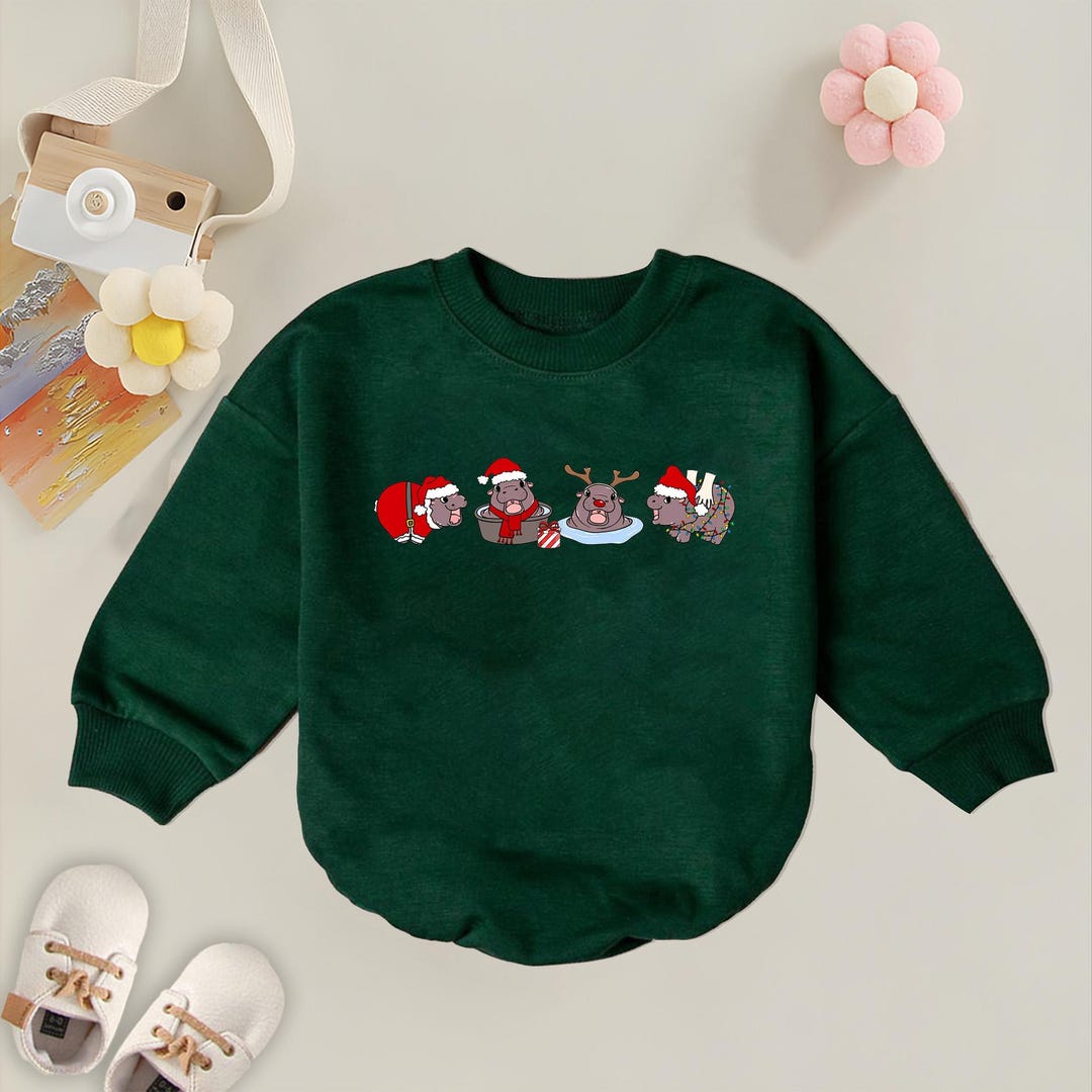Moo Deng Christmas Baby Romper Sweater, Baby Hippo, Hippo Santa Hat ...