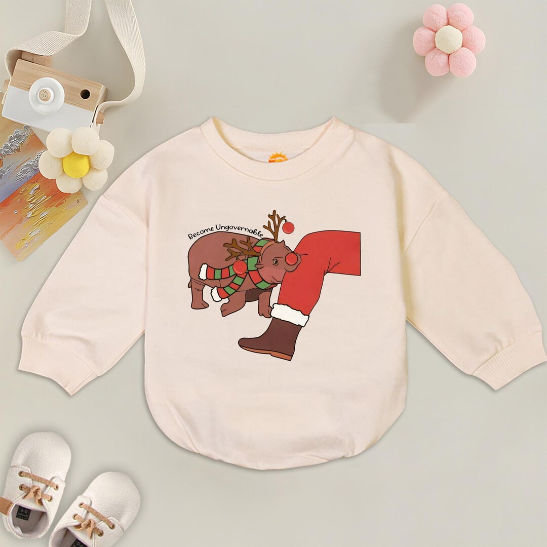 Christmas Moo Deng Baby Romper Sweater, Baby Pygmy Hippo Moo Deng ...