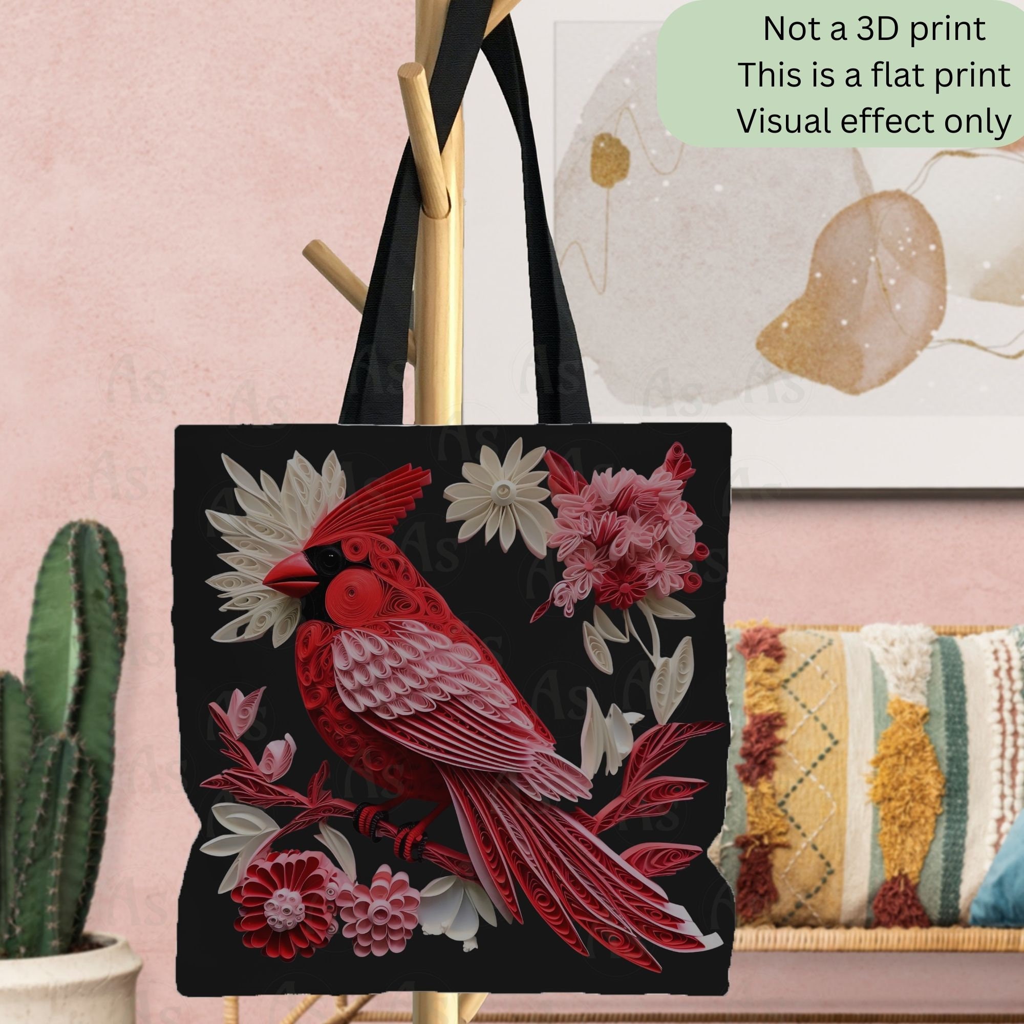 Red Cardinal Bird Tote Bag Flat Print, Red and White Flowers Optical ...