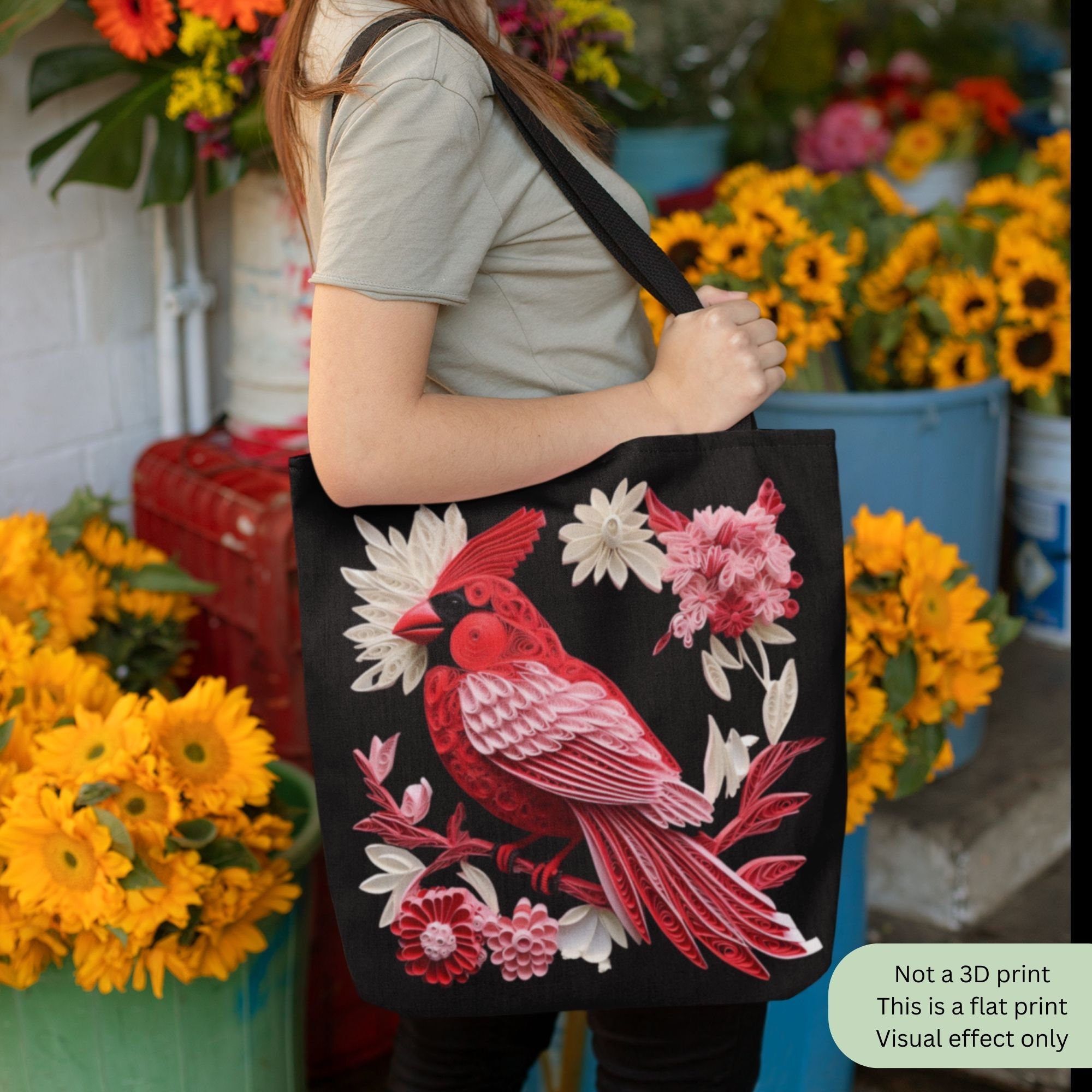 Red Cardinal Bird Tote Bag Flat Print, Red and White Flowers Optical ...