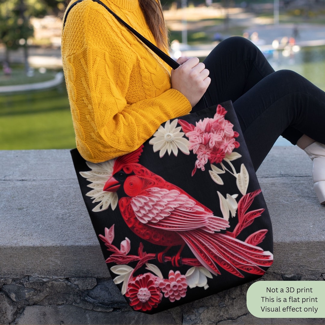 Red Cardinal Bird Tote Bag Flat Print, Red and White Flowers Optical ...