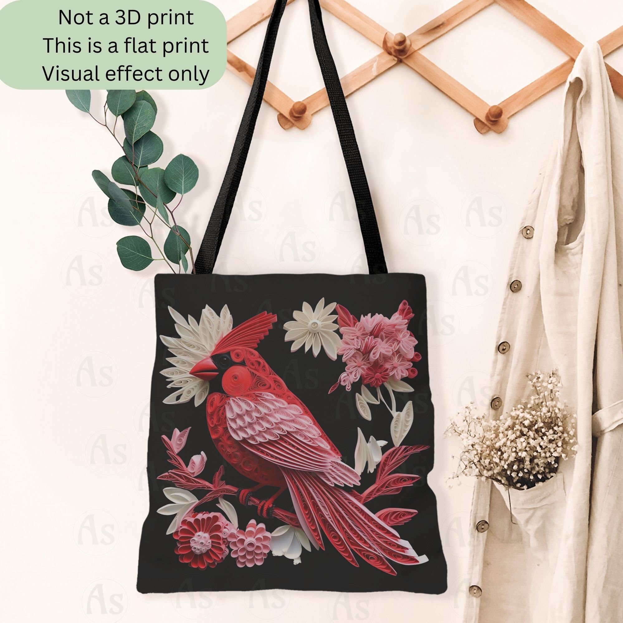 Red Cardinal Bird Tote Bag Flat Print, Red and White Flowers Optical ...