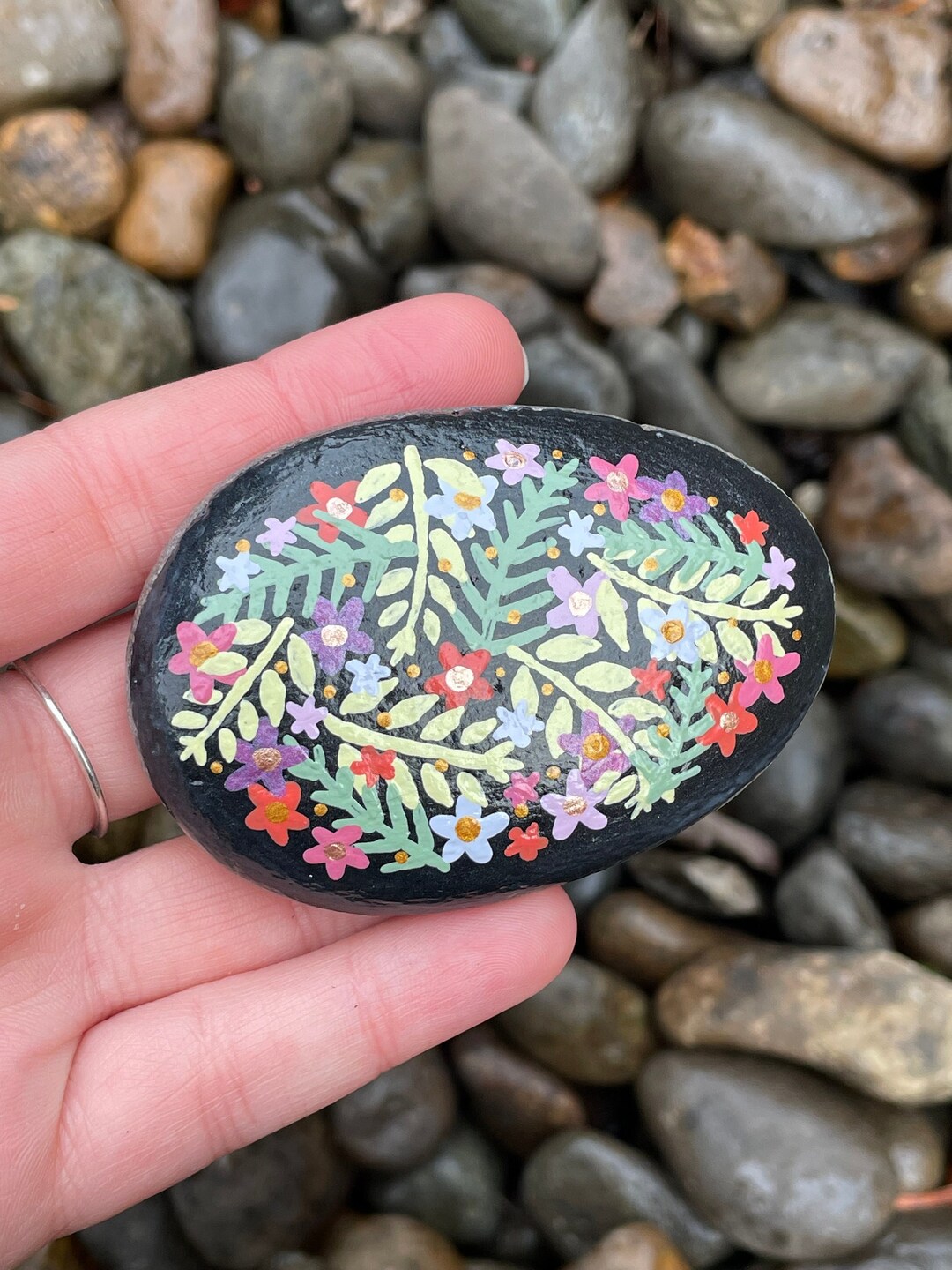 Floral Flowers and Leaves Hand-painted Garden Rock, Inspirational Gift ...
