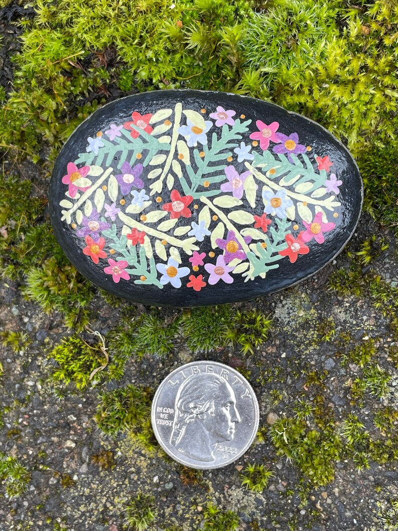 Floral Flowers and Leaves Hand-painted Garden Rock, Inspirational Gift ...