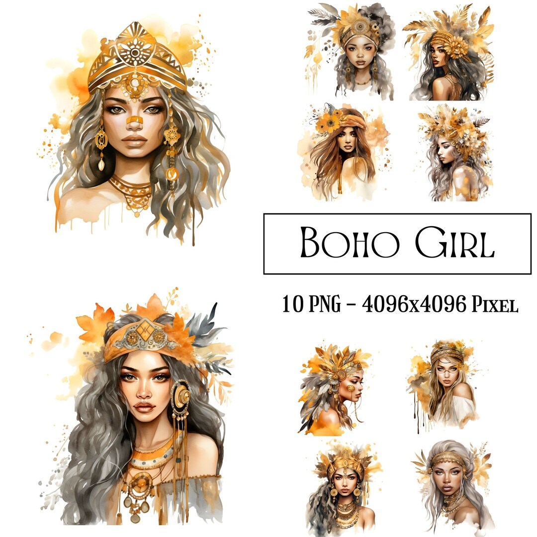 Boho Girls Clipart Set, 10 Digital Illustration, Bohemian Fashion ...