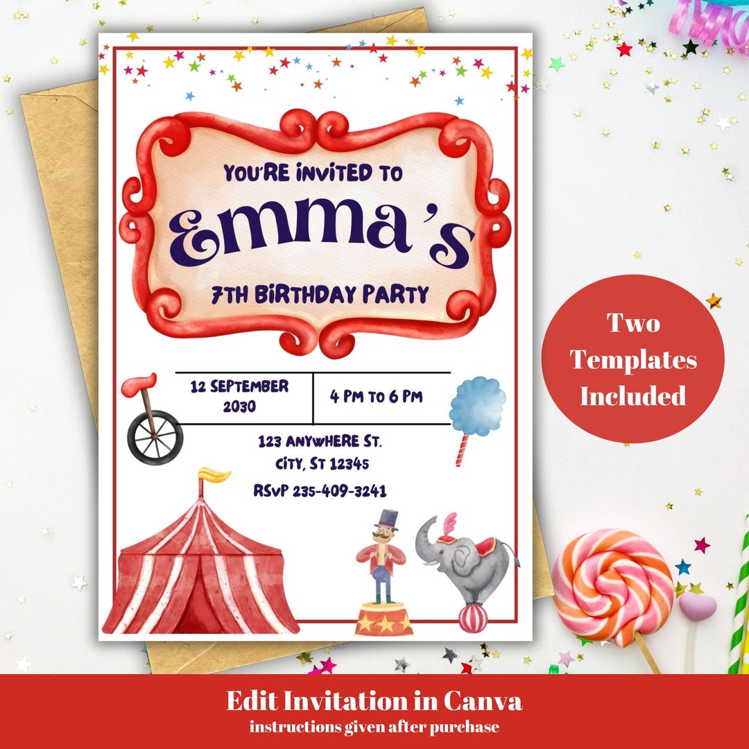 Editable Circus Invitation, Kid Circus Party Invitation, Circus Themed ...