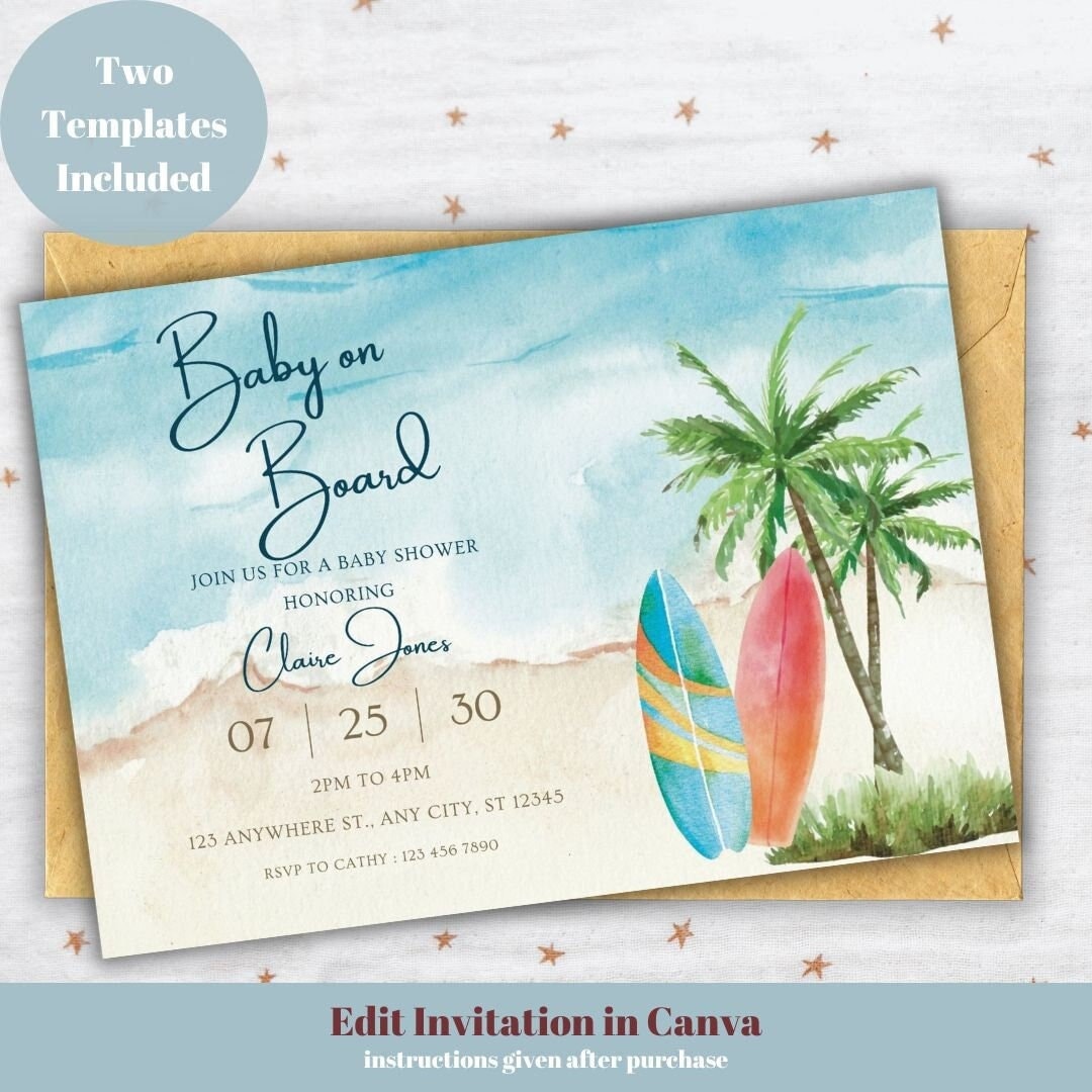 Editable Beach Themed Baby Shower, Baby on Board Baby Shower, Boy Baby ...