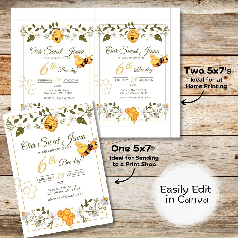 Editable Bee Themed Birthday Invitation, Summer Birthday, Honey Bee ...