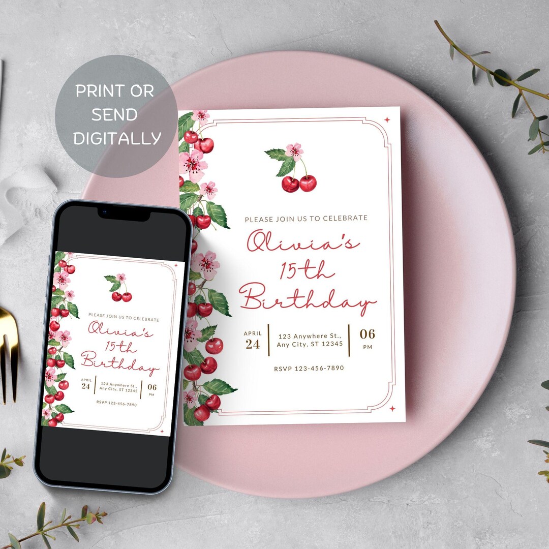 Cherry Birthday Invitation Editable, Berry Theme Party, Cherry Birthday ...