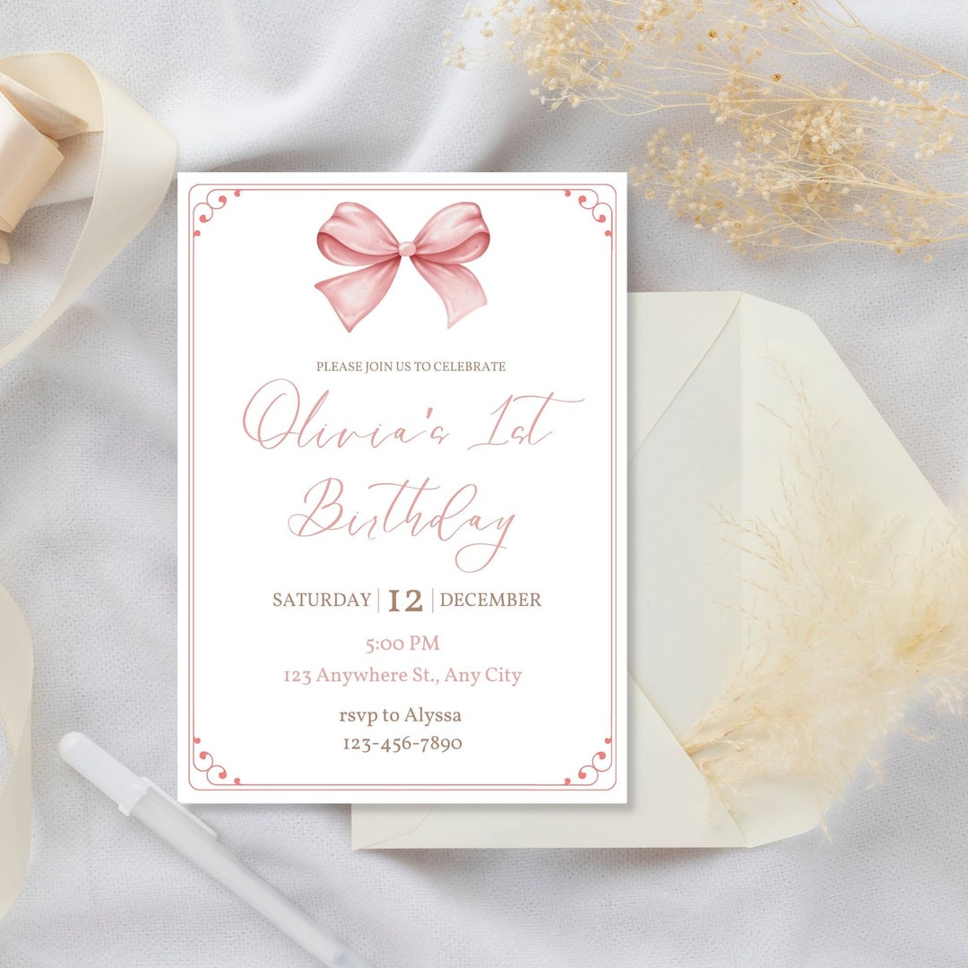 Editable Bow Themed First Birthday Invitation, Charming Birthday Invite ...