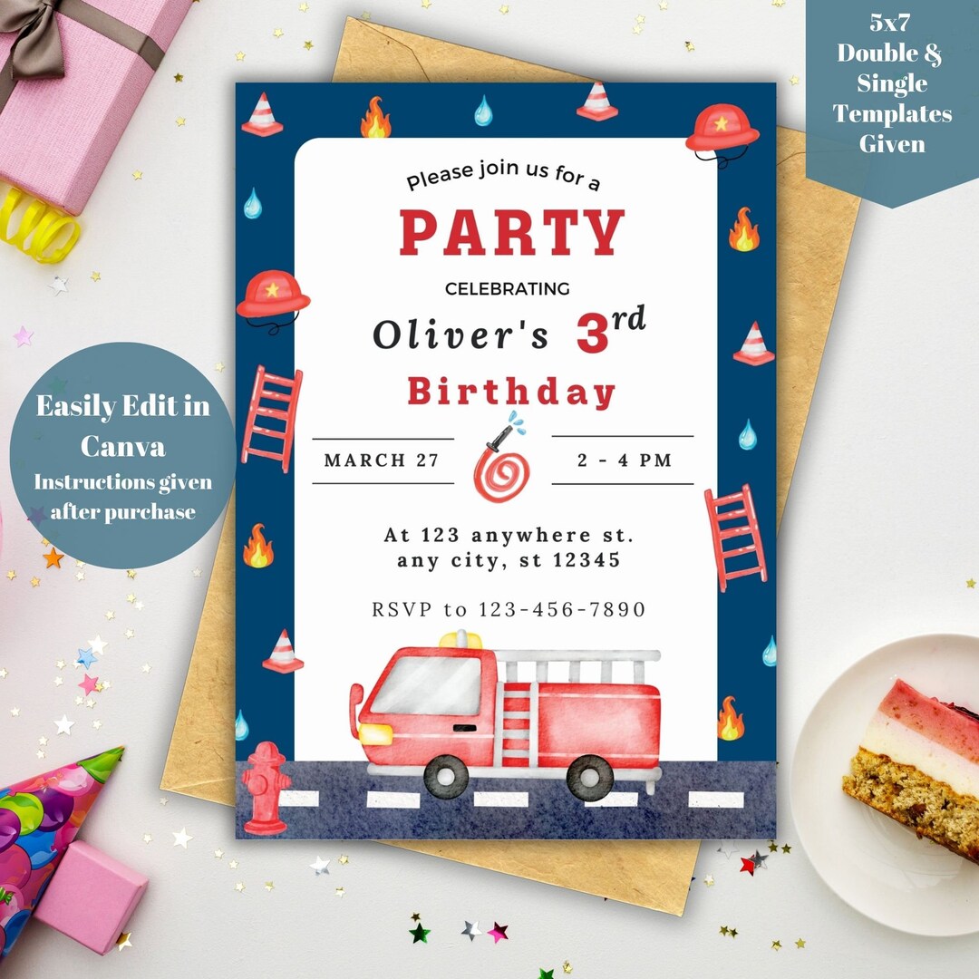 Editable Firefighter Birthday Invitation, Kids Firefighter Birthday ...