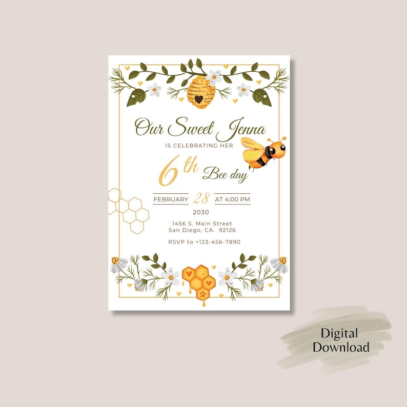 Editable Bee Themed Birthday Invitation, Summer Birthday, Honey Bee ...