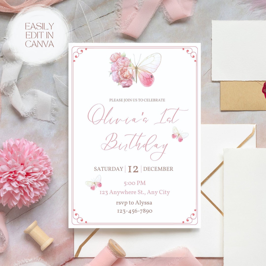 Editable Butterfly Birthday Invitation, Butterfly Theme, Elegant ...