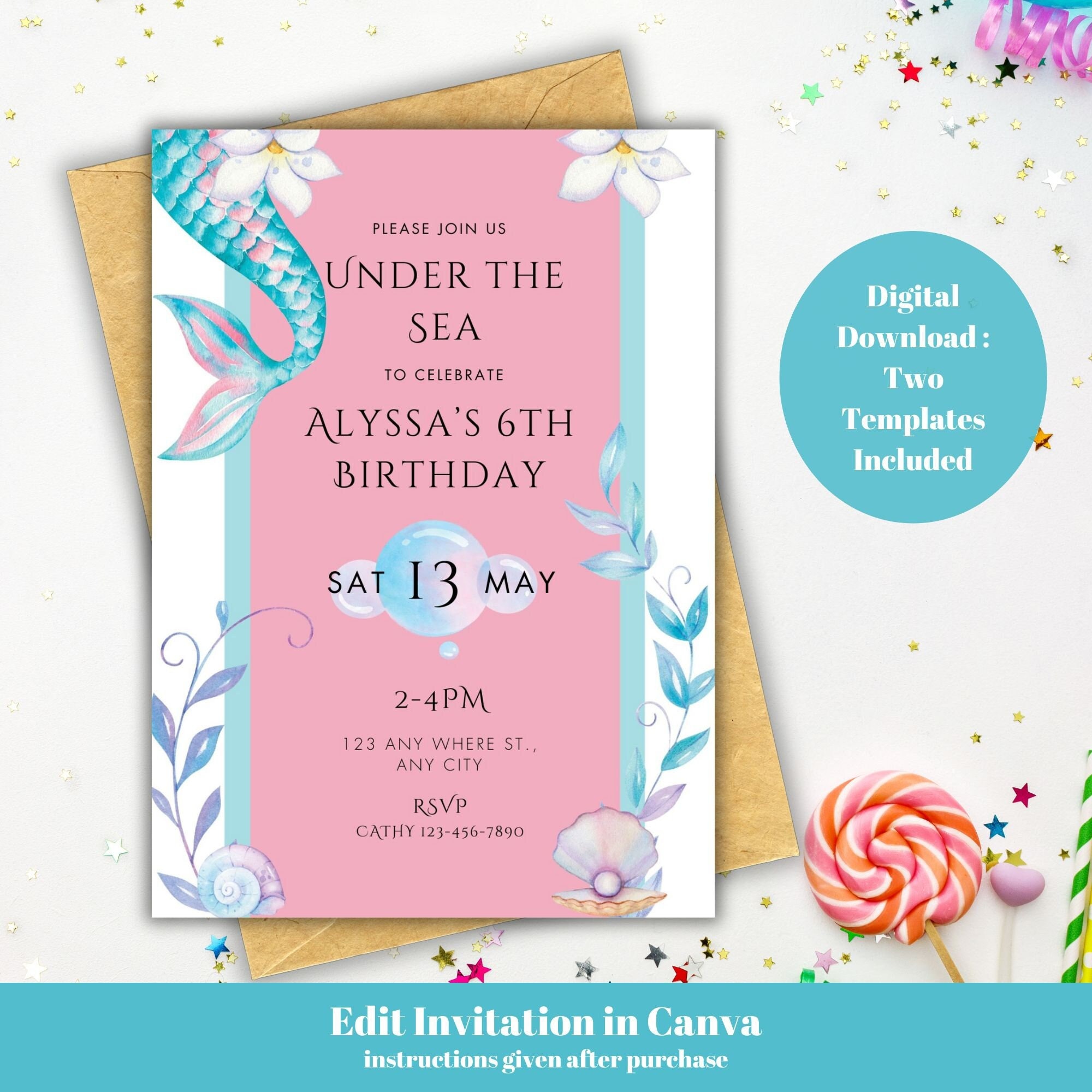 Mermaid Birthday Party Invitation, Printable Mermaid Invite, Ocean ...