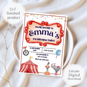 Editable Circus Invitation, Kid Circus Party Invitation, Circus Themed ...