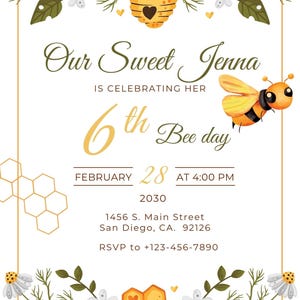 Editable Bee Themed Birthday Invitation, Summer Birthday, Honey Bee ...