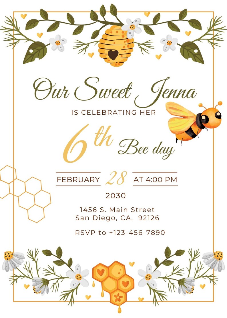 Editable Bee Themed Birthday Invitation, Summer Birthday, Honey Bee ...