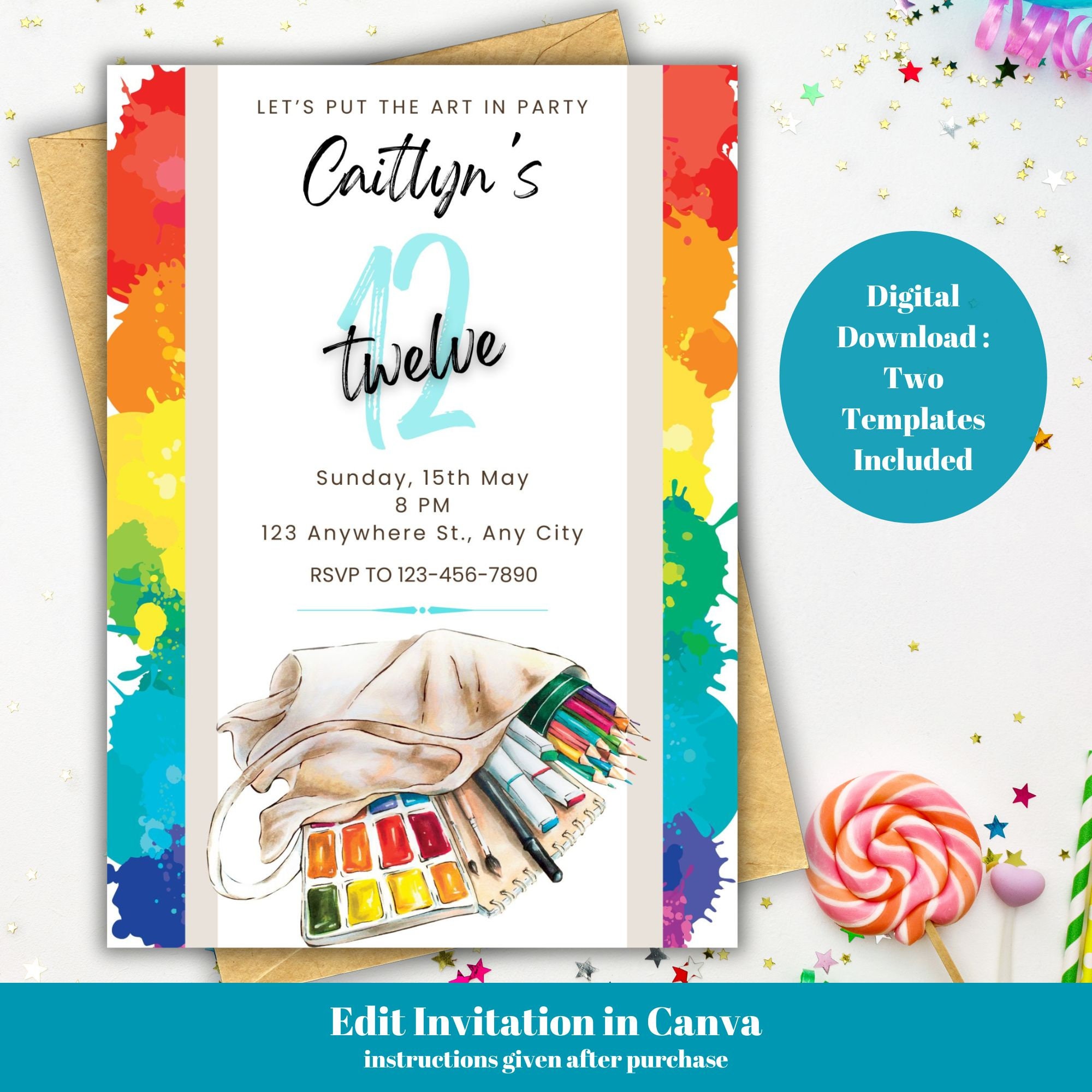 Editable Art Theme Invitation, Art Birthday Invite, Paint Party, Kid ...