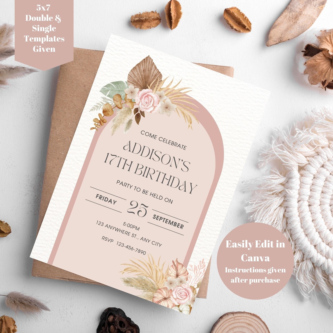 Printable Boho Invitation, Boho Floral Invite, Boho Theme Party, Teen ...