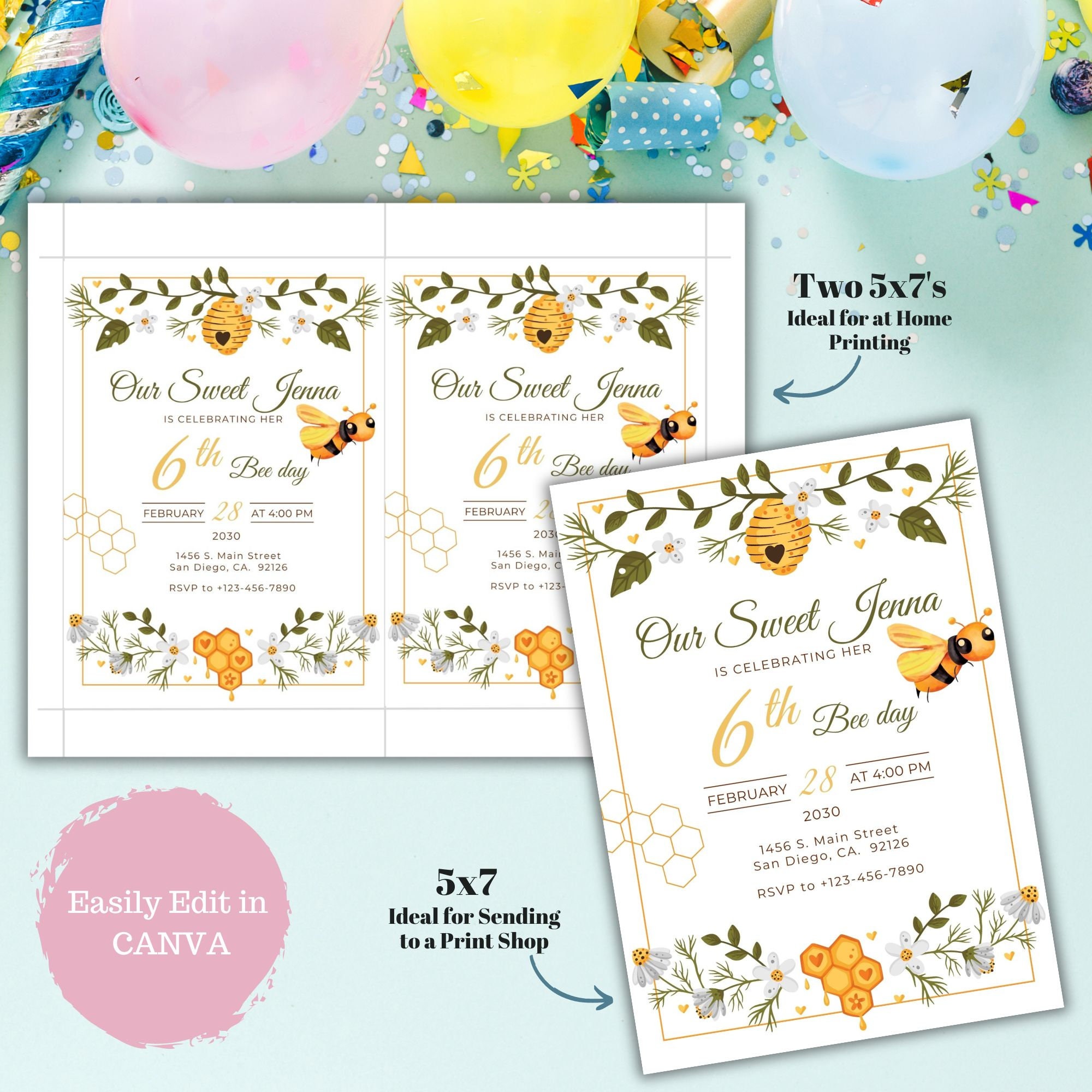 Editable Bee Themed Birthday Invitation, Summer Birthday, Honey Bee ...