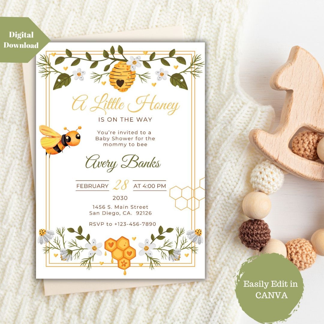 Printable Bee Baby Shower Invitation, Queen Bee Baby Shower, Bee Theme ...