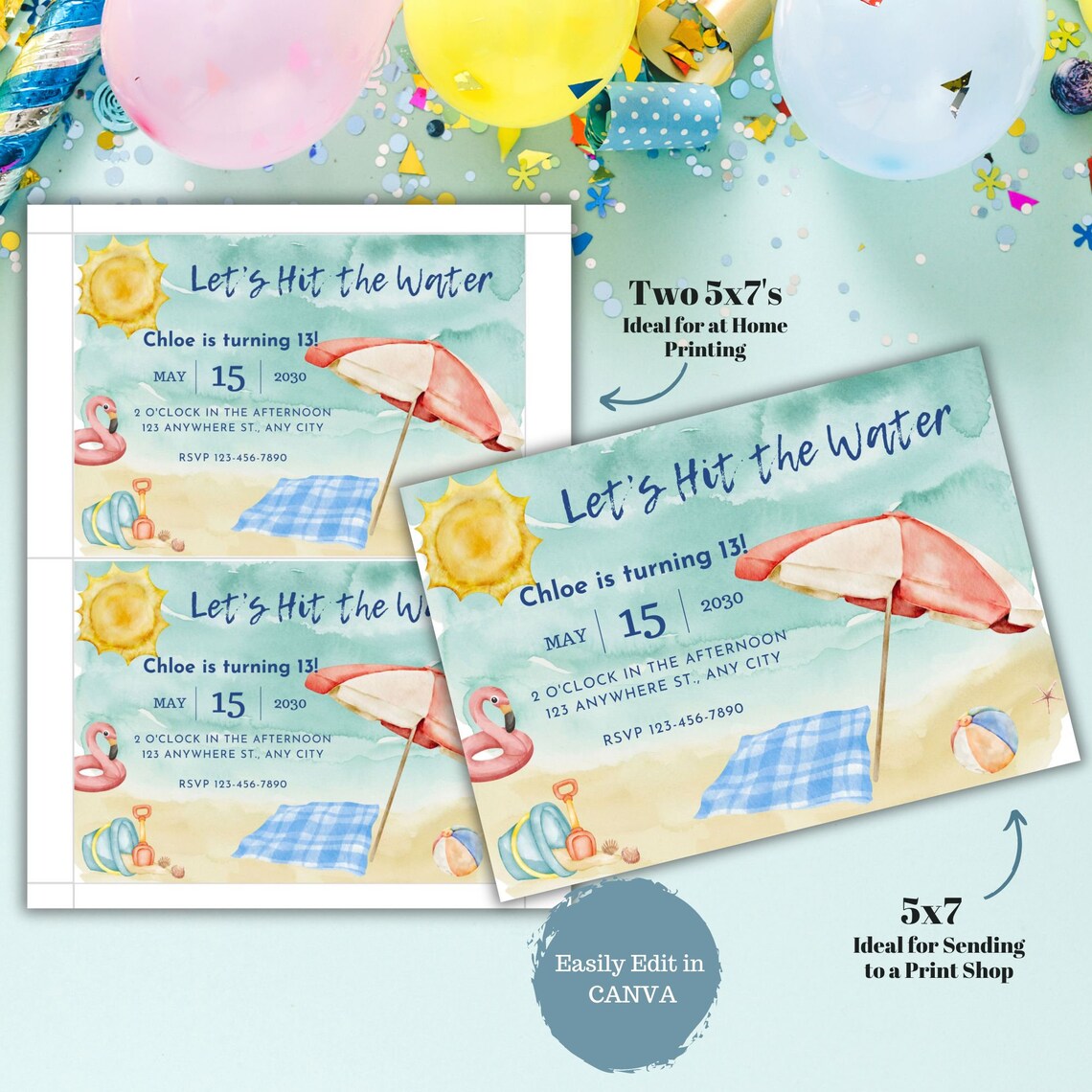 Ocean Theme Printable Birthday Invitation Beach Party Teen Invite ...