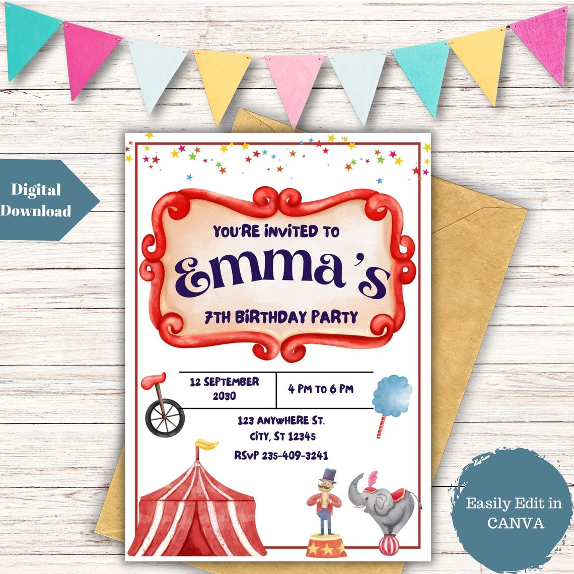 Editable Circus Invitation, Kid Circus Party Invitation, Circus Themed ...
