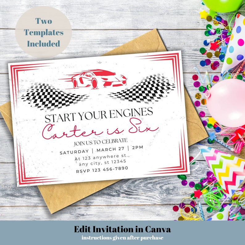 Race Car Theme Party Invitation, Race Car Birthday, Kid's Racing Party ...