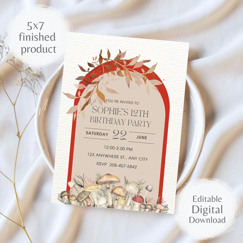 Editable Mushroom Themed Birthday Invitation, Woodland Theme Invite ...