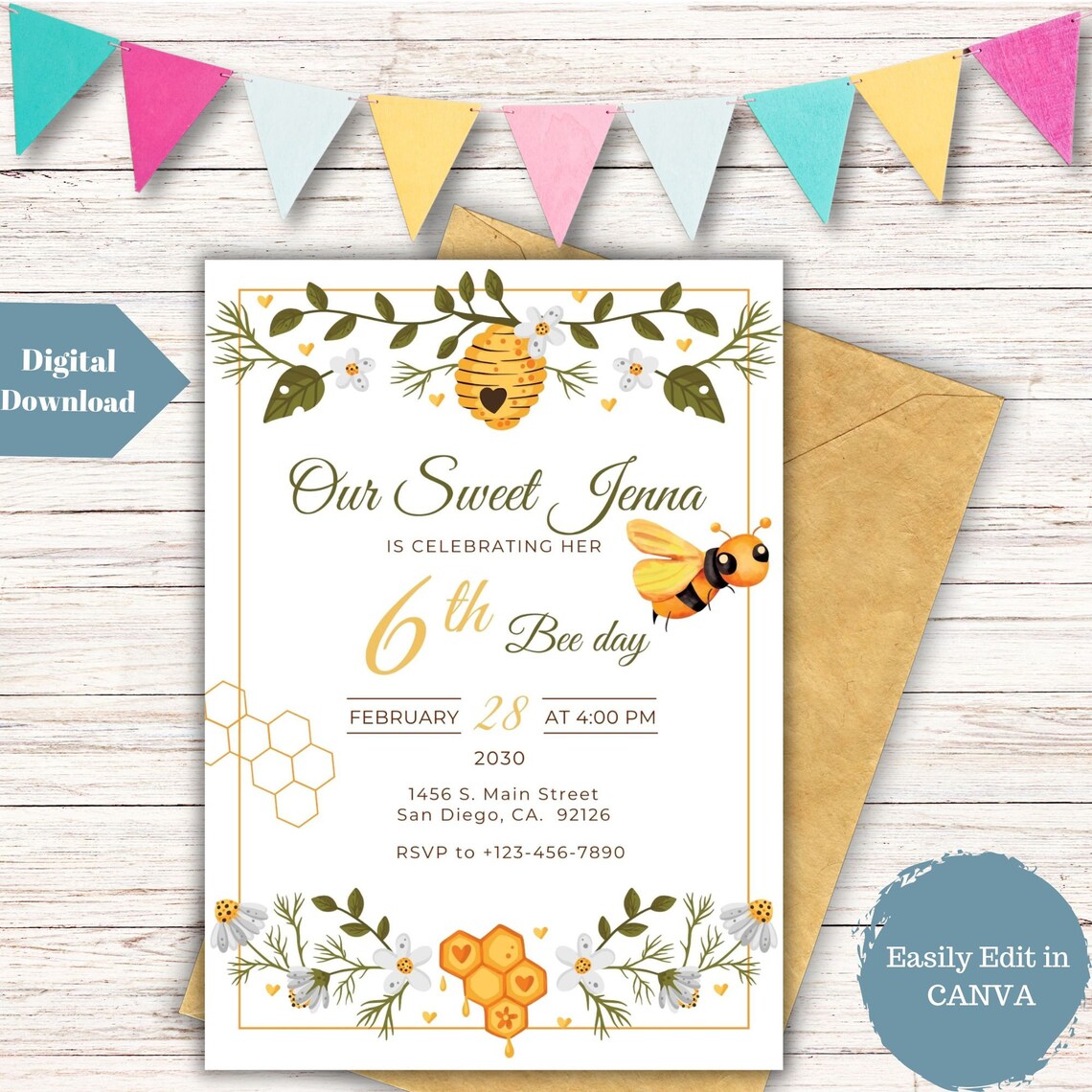 Editable Bee Themed Birthday Invitation, Summer Birthday, Honey Bee ...