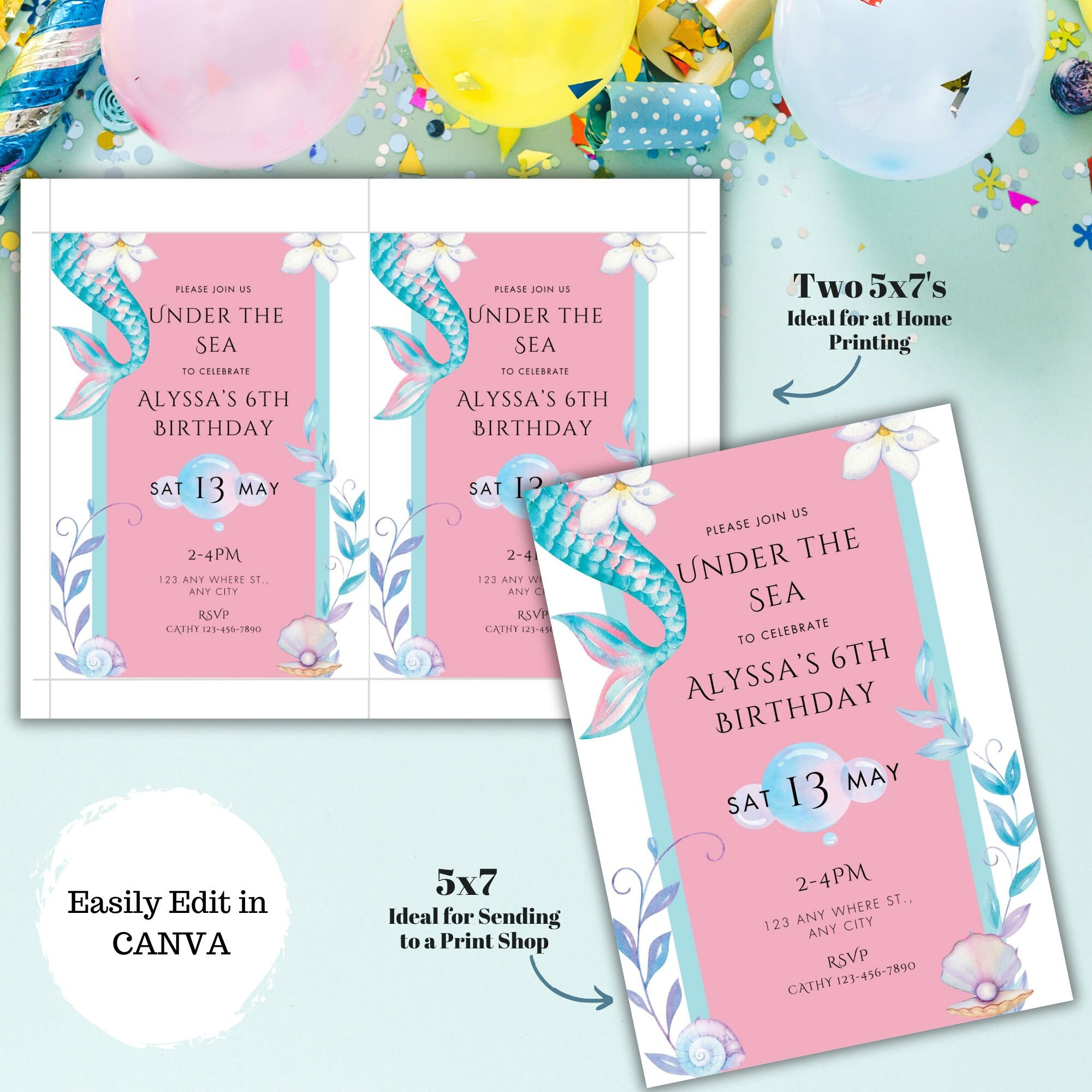 Mermaid Birthday Party Invitation, Printable Mermaid Invite, Ocean ...